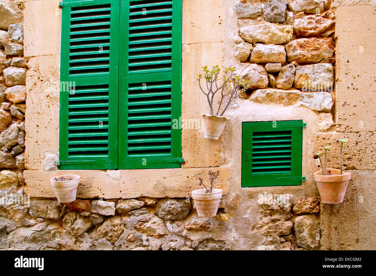 Majorca traditional wood windows mallorquina shutters Stock Photo - Alamy