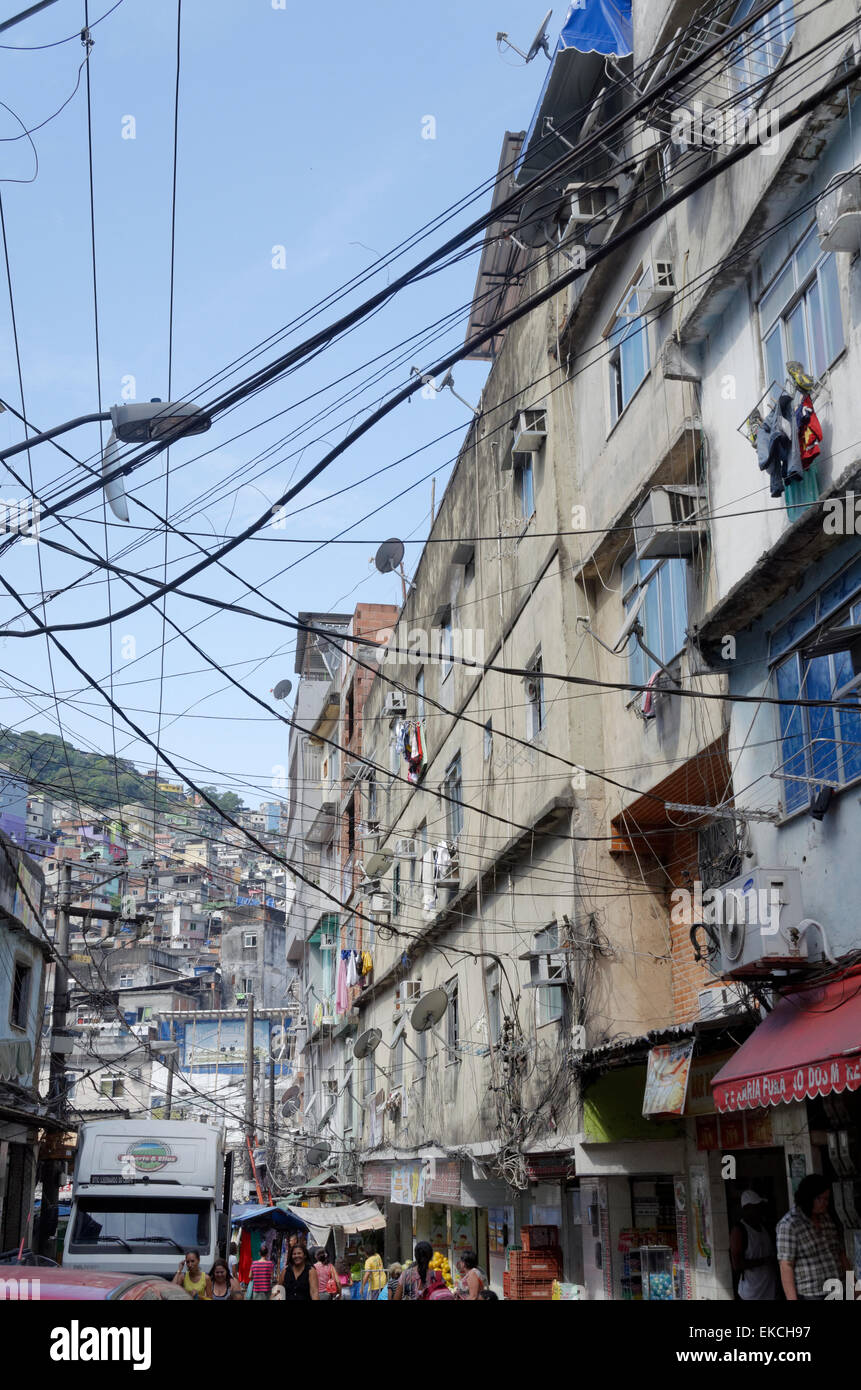 Messy overhead cabling and multi story buildings in the Rochina Favela ...