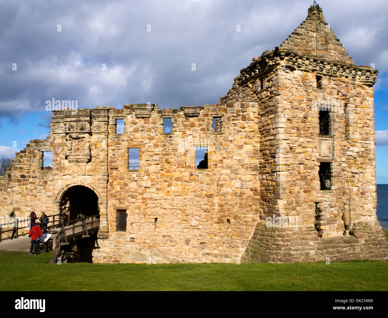 Visitors on the Drawbridge at St Andrews Castle Fife Scotland Stock ...