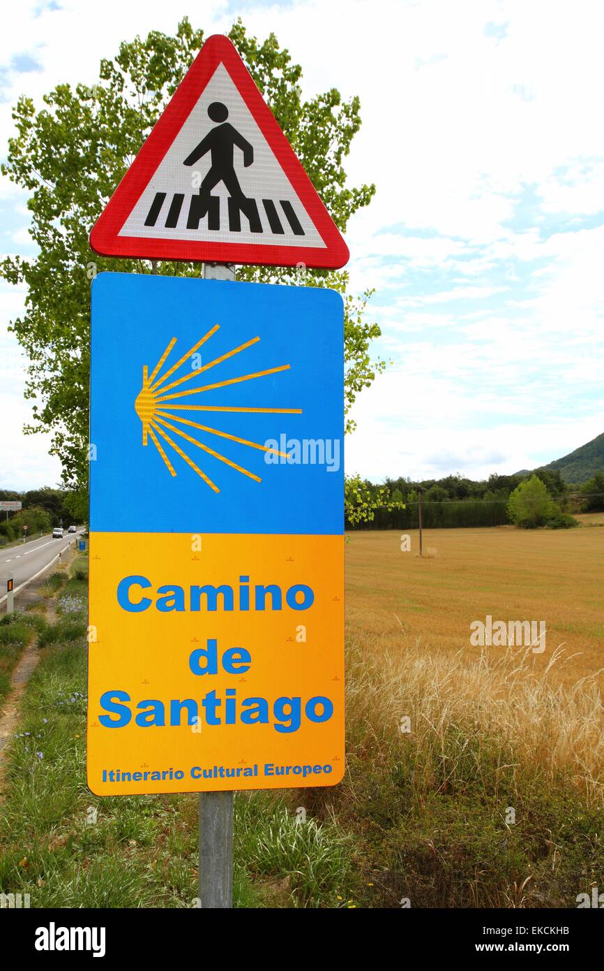 pilgrim road sign pedestrian way of saint James Stock Photo - Alamy