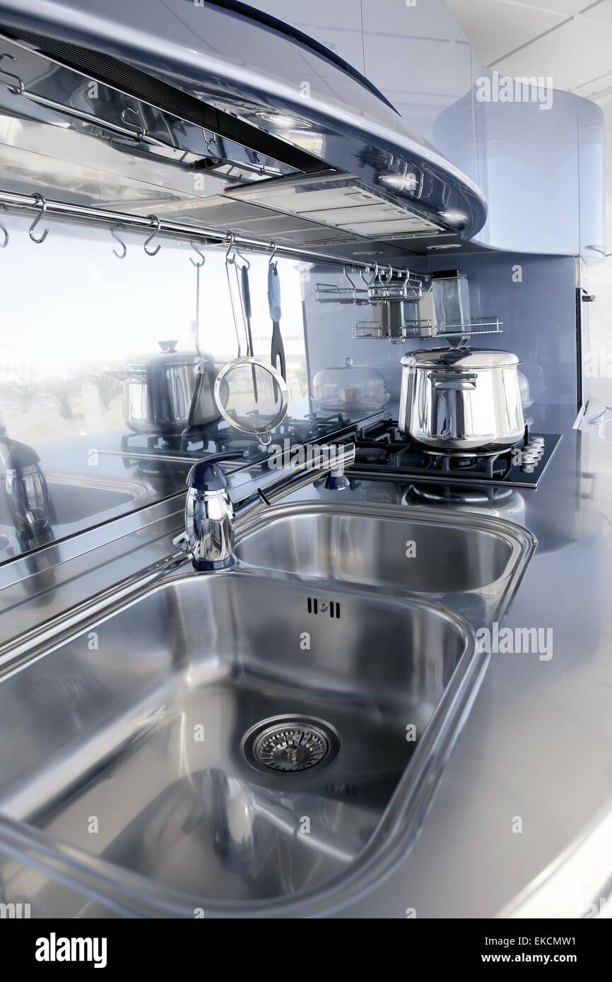 Blue silver kitchen modern architecture Stock Photo - Alamy