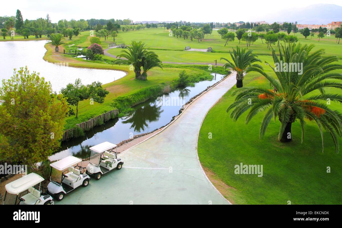 Golf course lakes palm trees aerial view Stock Photo - Alamy