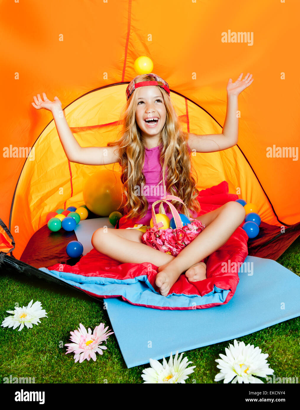 Children girl playing with balls inside camping tent Stock Photo - Alamy