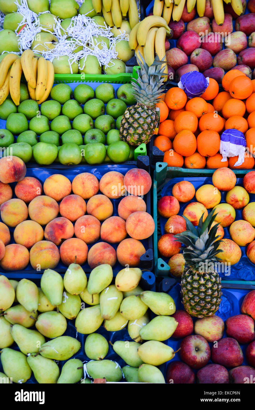Variety of fresh organic fruits on the street stall Stock Photo - Alamy