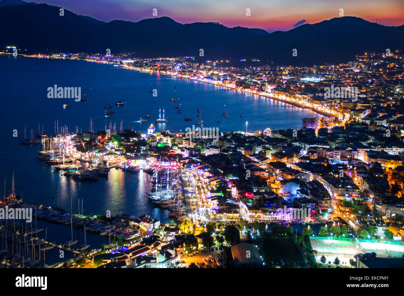 View of Marmaris harbor on Turkish Riviera by night Stock Photo - Alamy