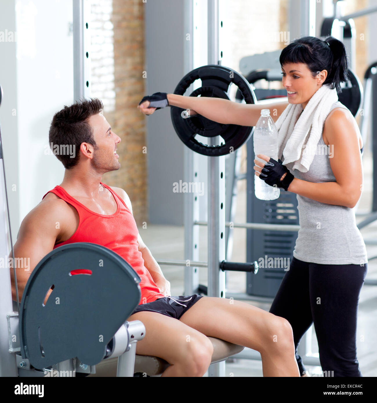 man and woman friends on sport gym relaxed Stock Photo - Alamy