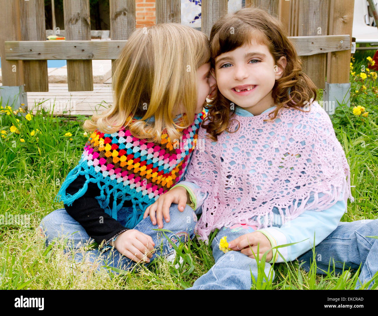 children sister girls whisper in ear meadow spring Stock Photo - Alamy
