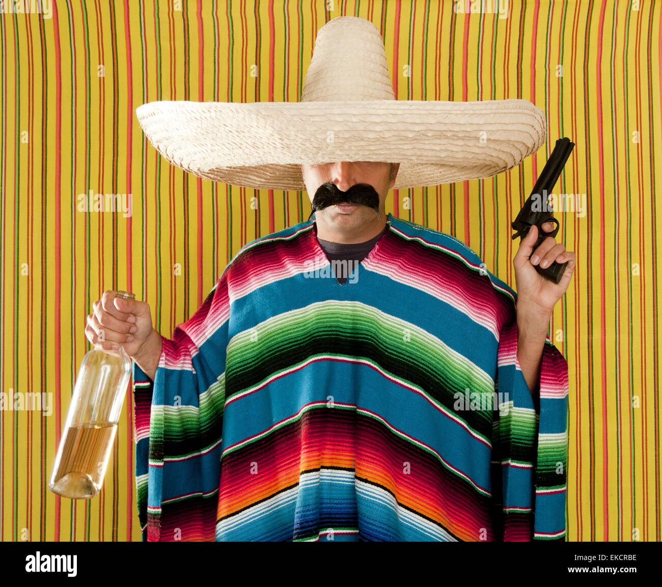 Bandit Mexican revolver mustache drunk tequila Stock Photo - Alamy