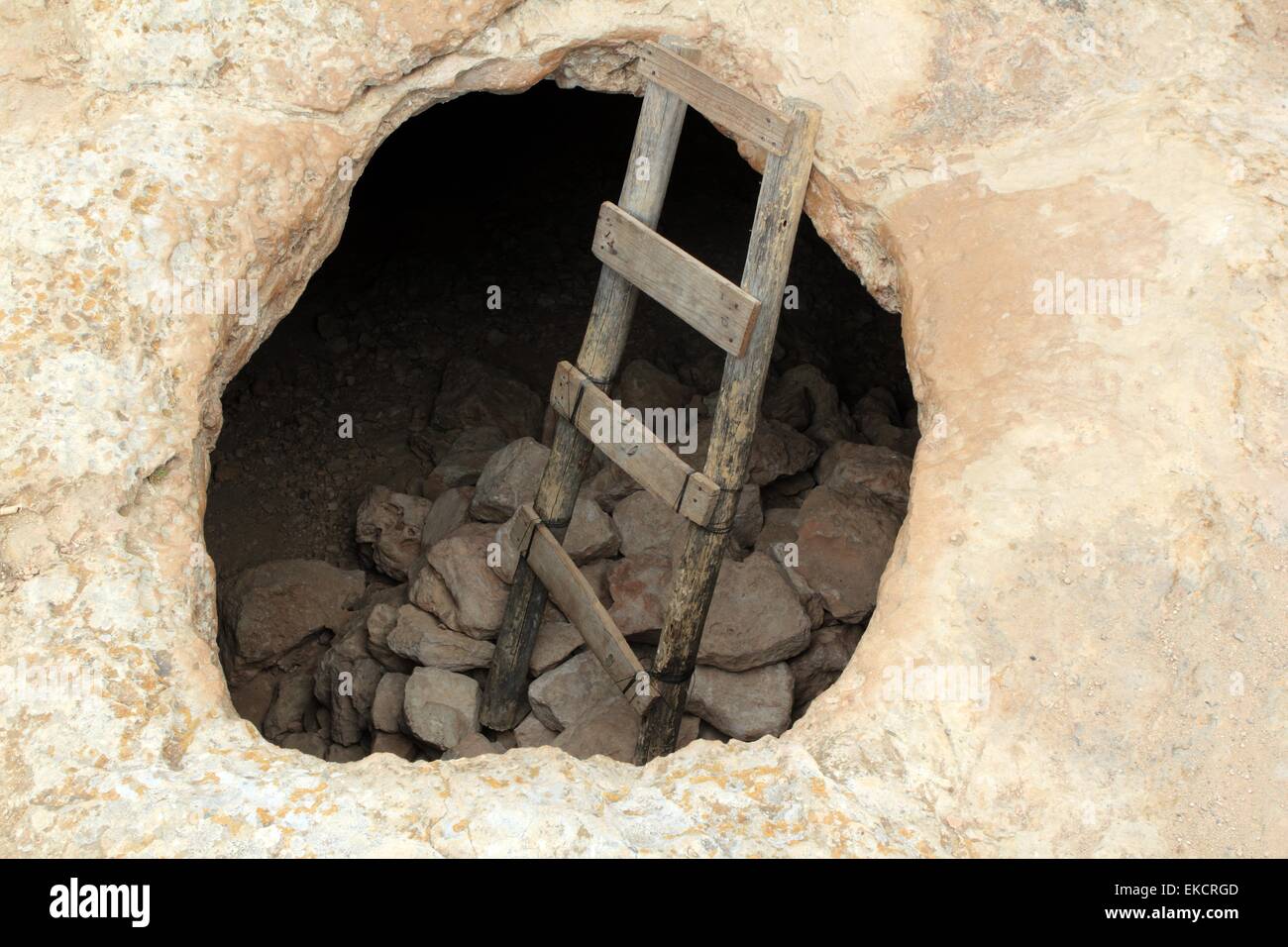 Barbaria cape cave hole aged wood steps Stock Photo - Alamy