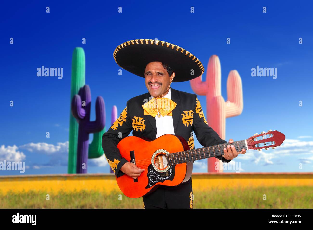 Mexican mariachi charro playing guitar in cactus Stock Photo - Alamy