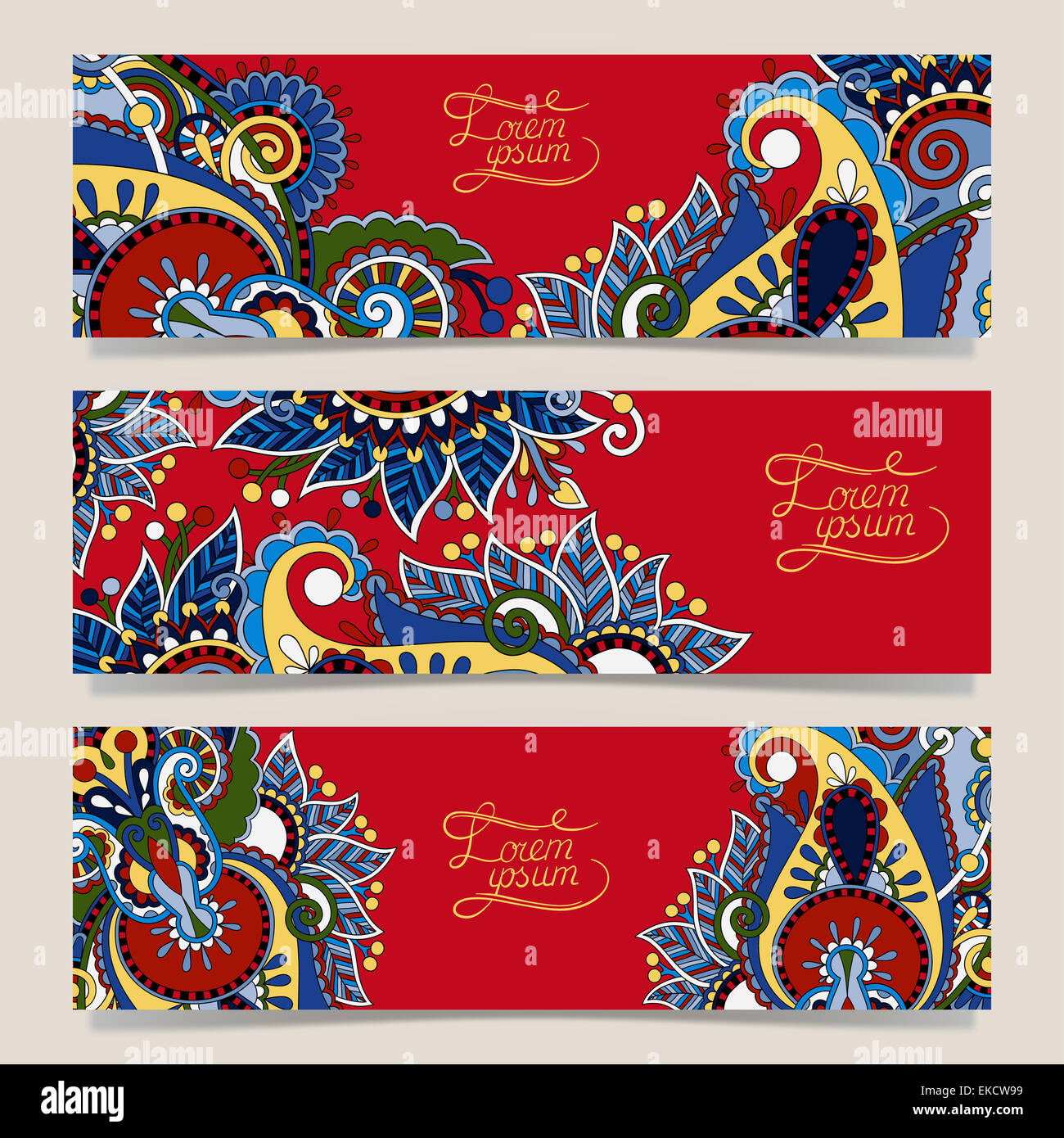 Set of three red horizontal banners with decorative ornamental f Stock ...