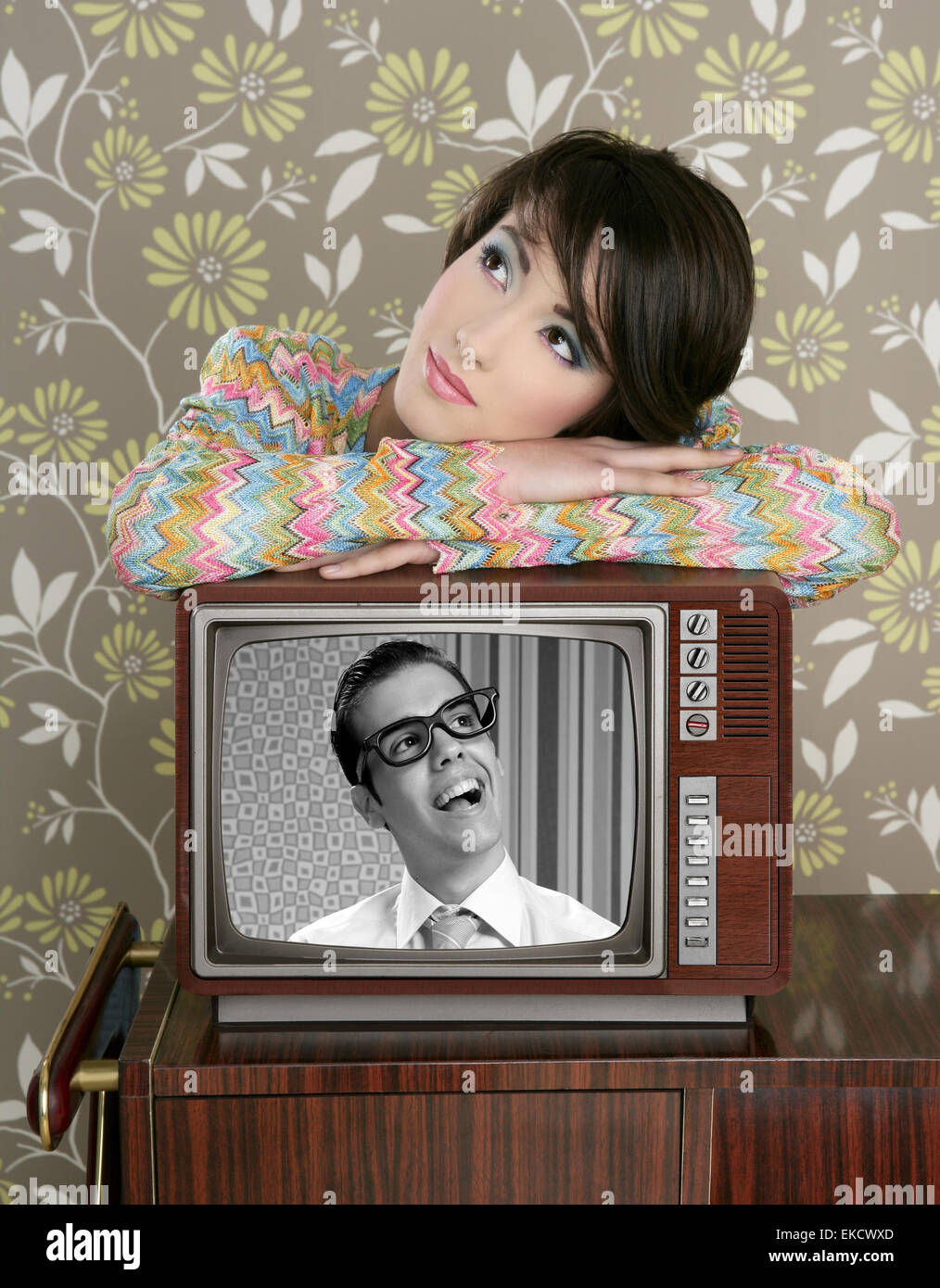 retro woman in love with tv nerd hero Stock Photo - Alamy