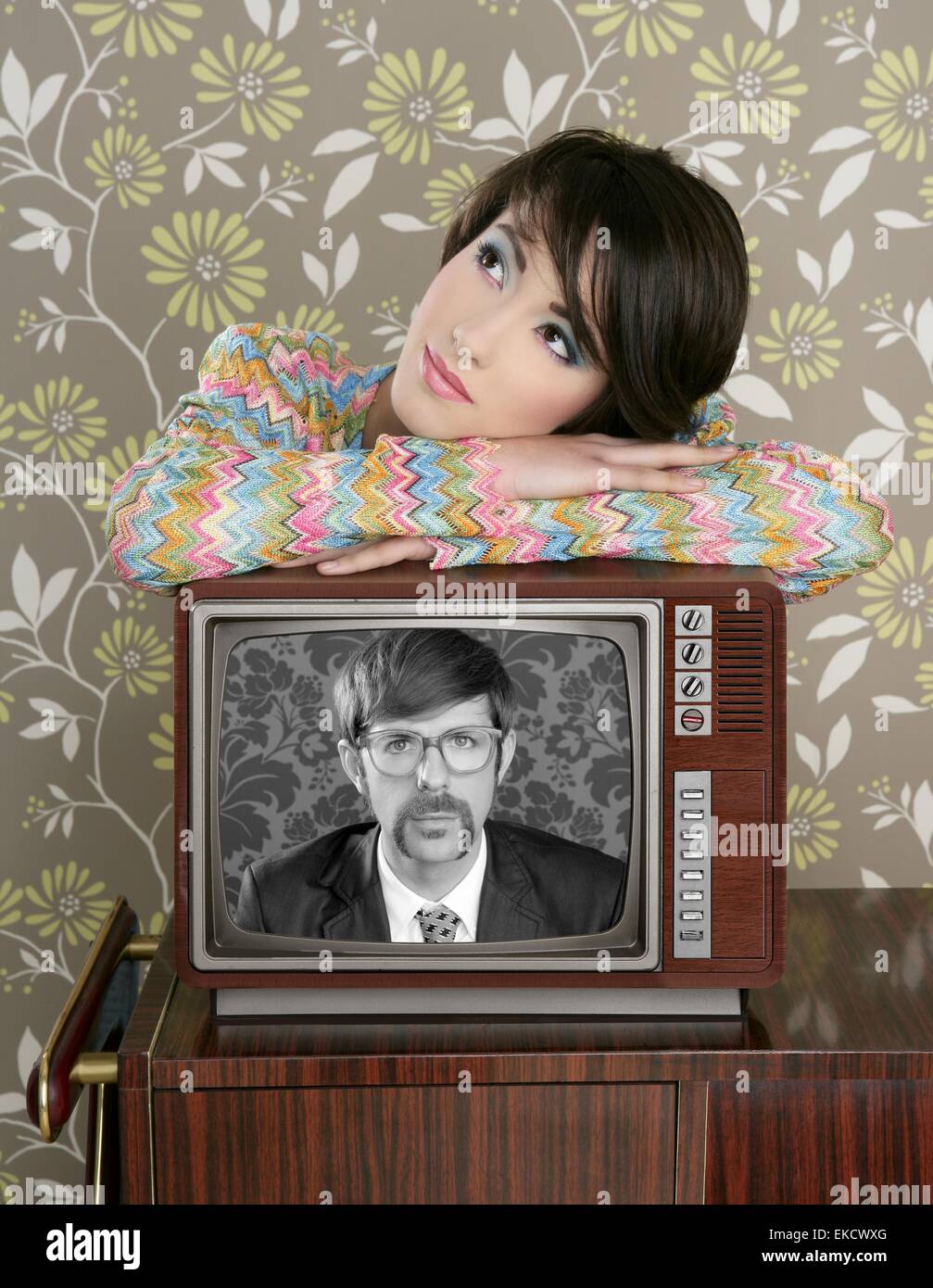 retro woman in love with tv nerd hero Stock Photo - Alamy