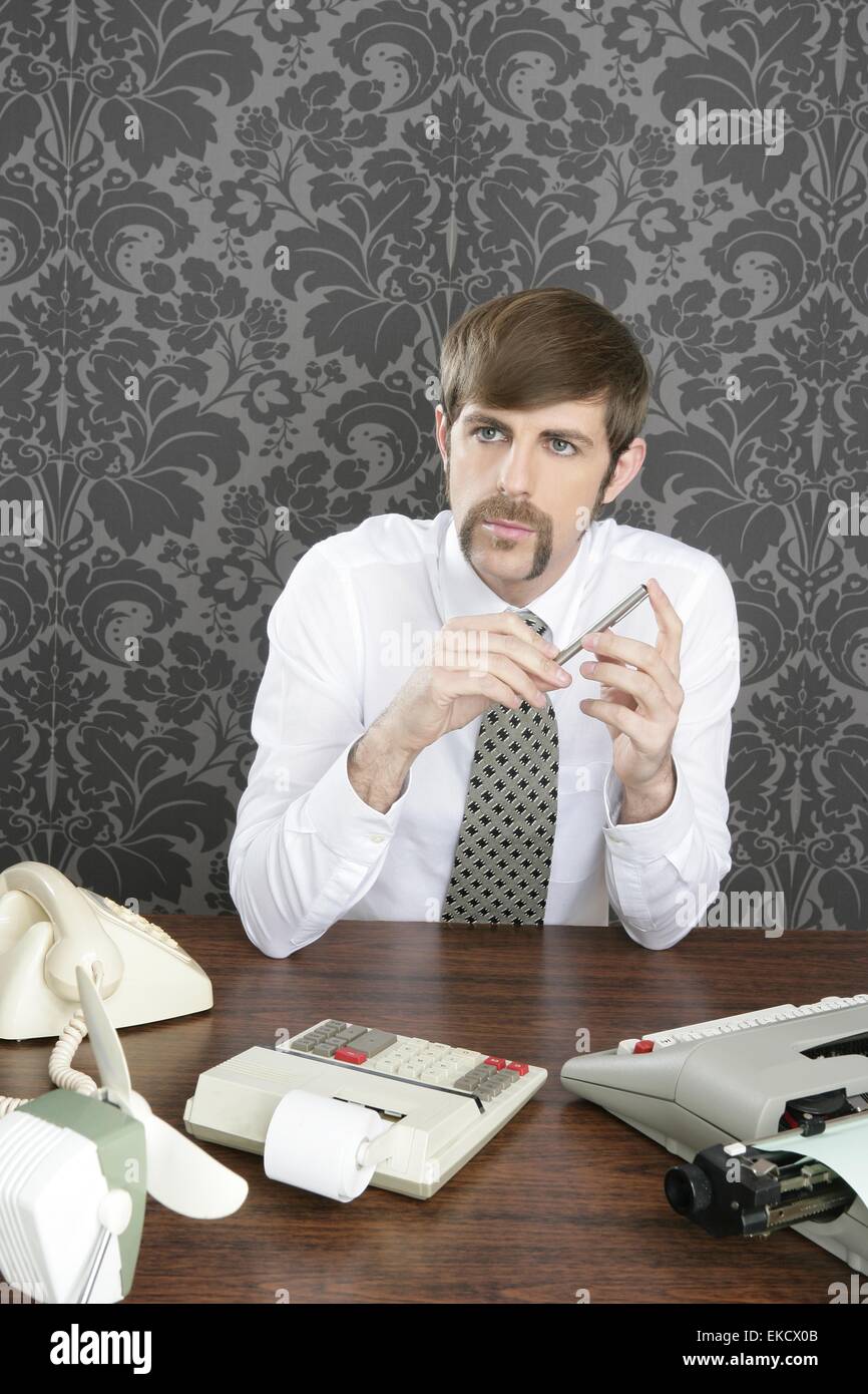 retro mustache businessman office desk Stock Photo - Alamy