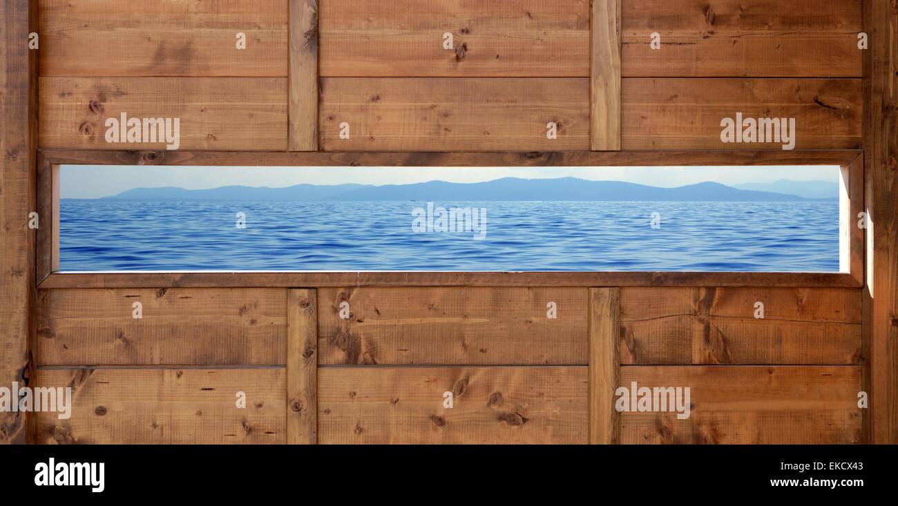 Panoramic wooden window seascape ocean Stock Photo - Alamy