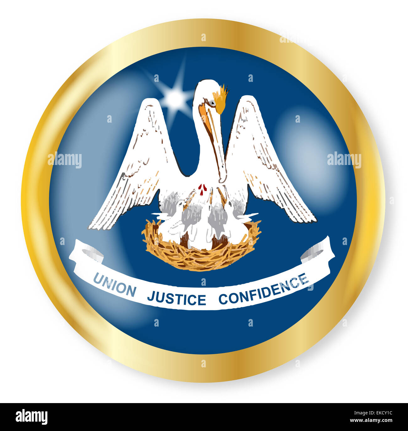 Louisiana state flag button with a gold metal circular border over a ...