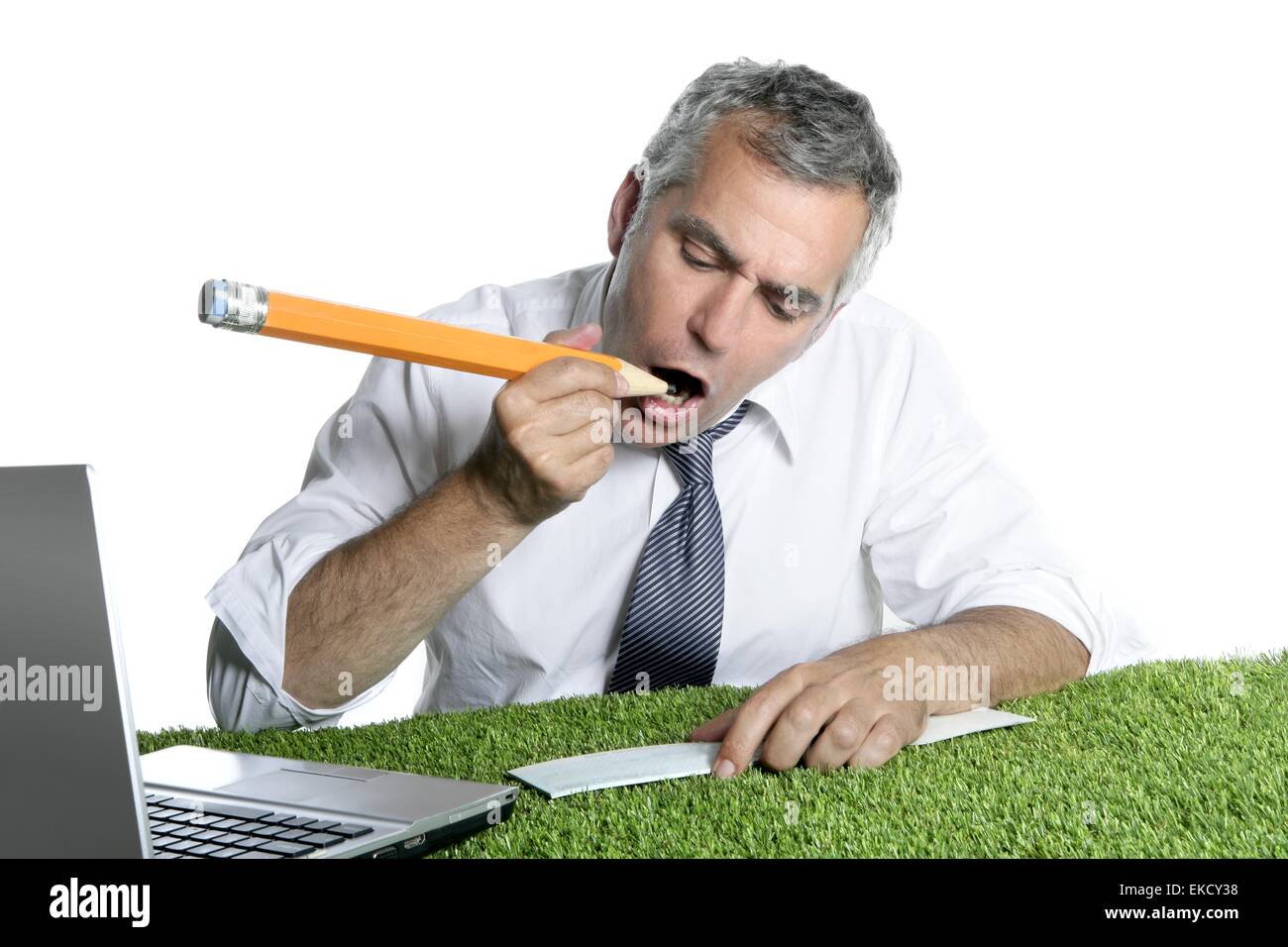 businessman sign bank check humor gesture big pencil Stock Photo - Alamy