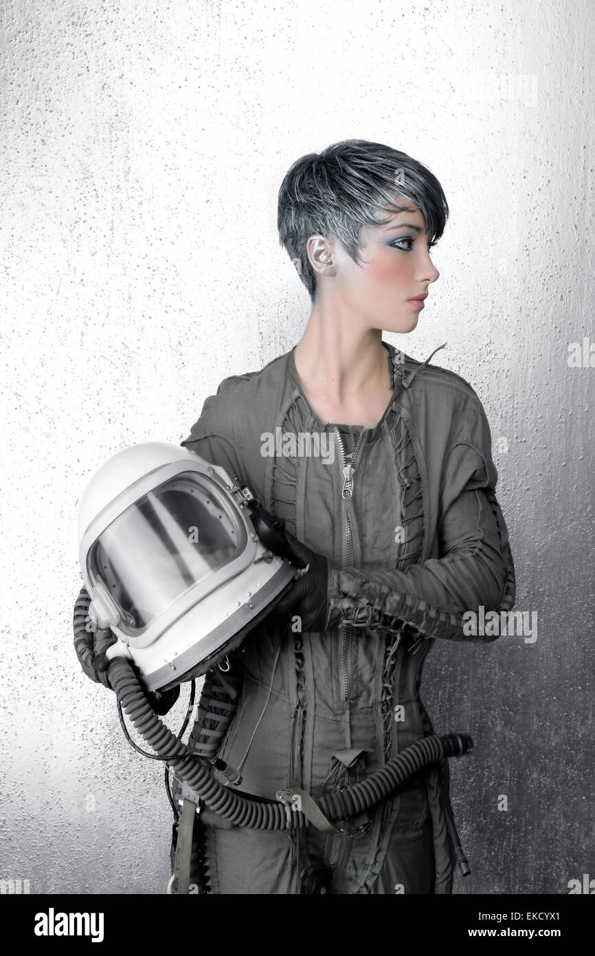 fashion silver woman spaceship astronaut helmet Stock Photo - Alamy