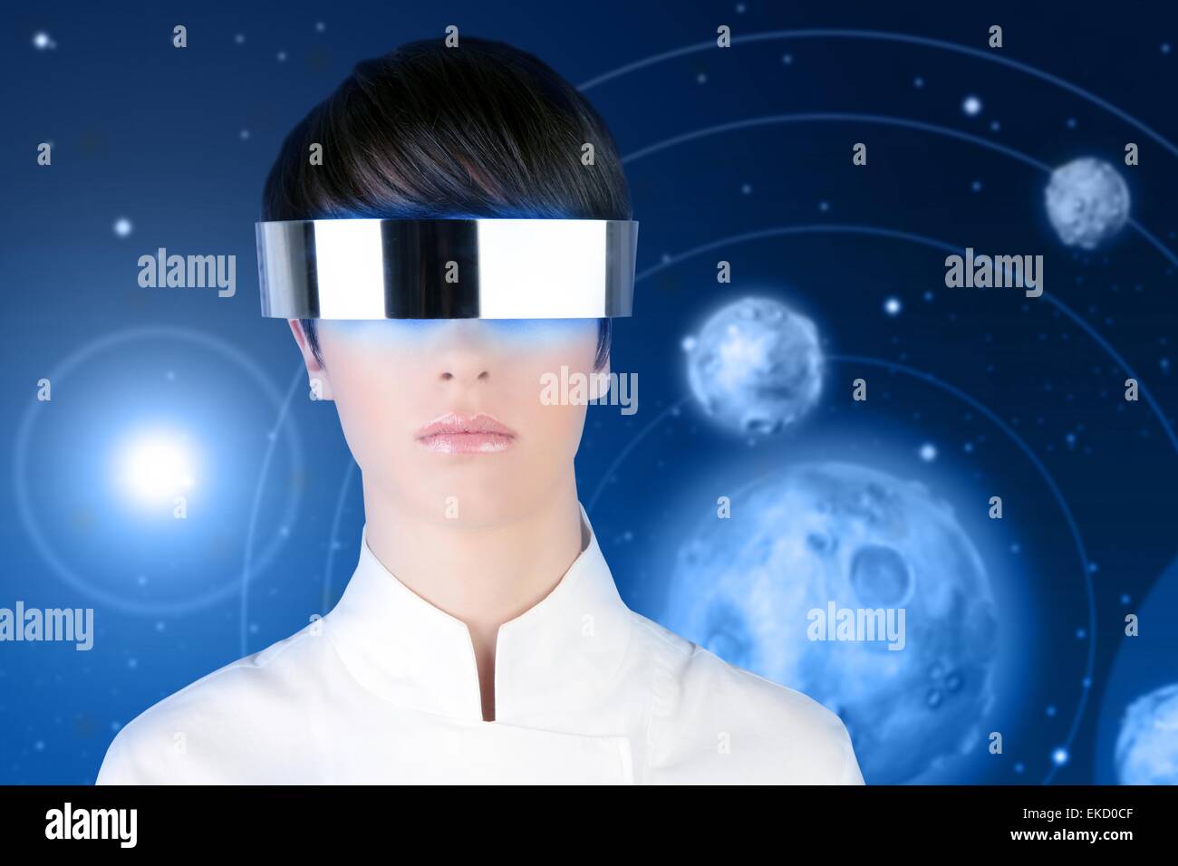 silver futuristic glasses woman space planets Stock Photo - Alamy