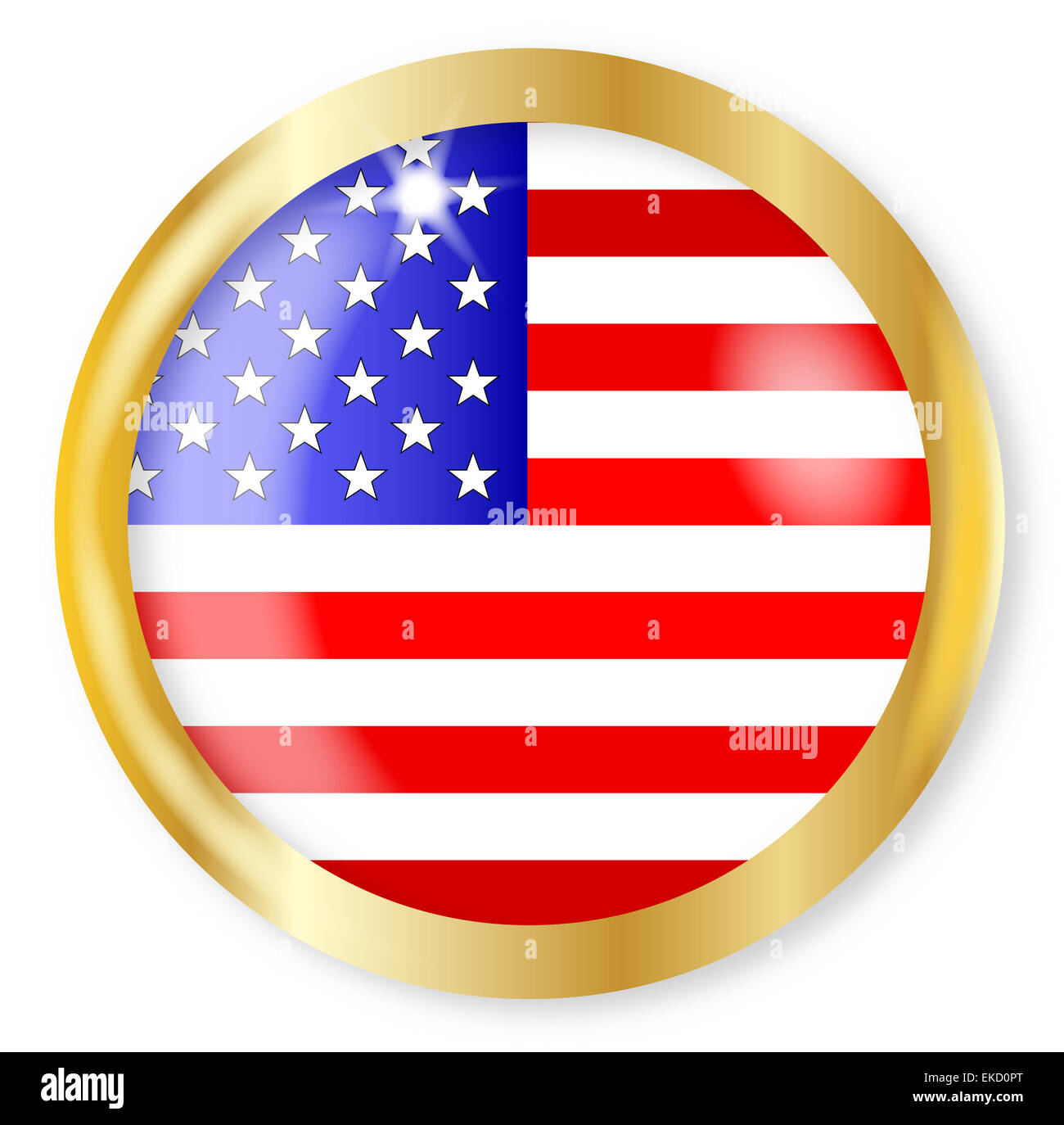 A USA button of the Stars and Stripes with a gold metal circular border ...