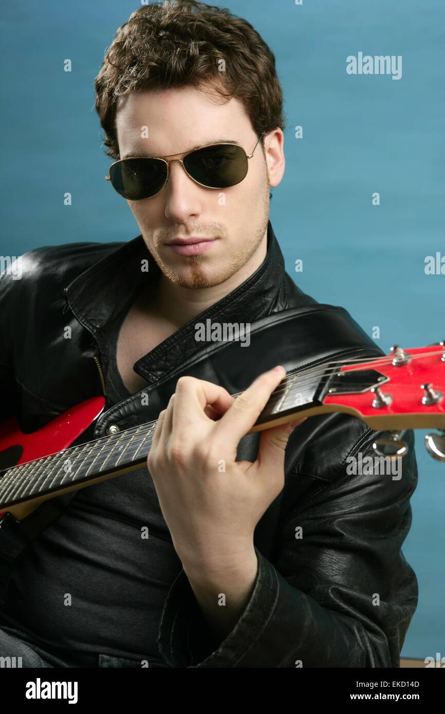 guitar rock star man sunglasses leather jacket Stock Photo - Alamy