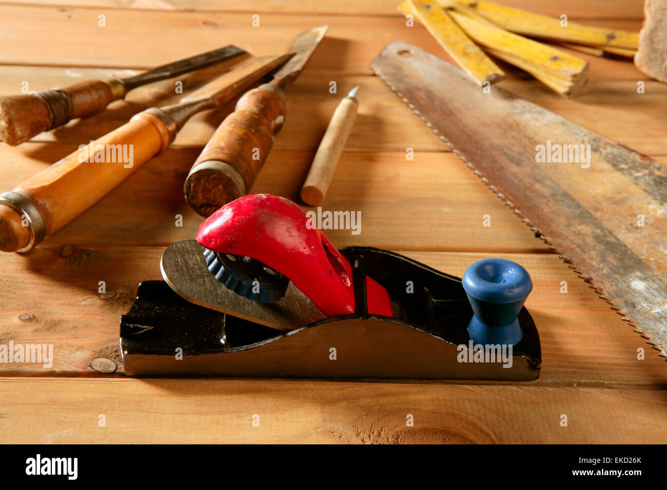 carpenter tools saw hammer wood tape plane gouge Stock Photo - Alamy