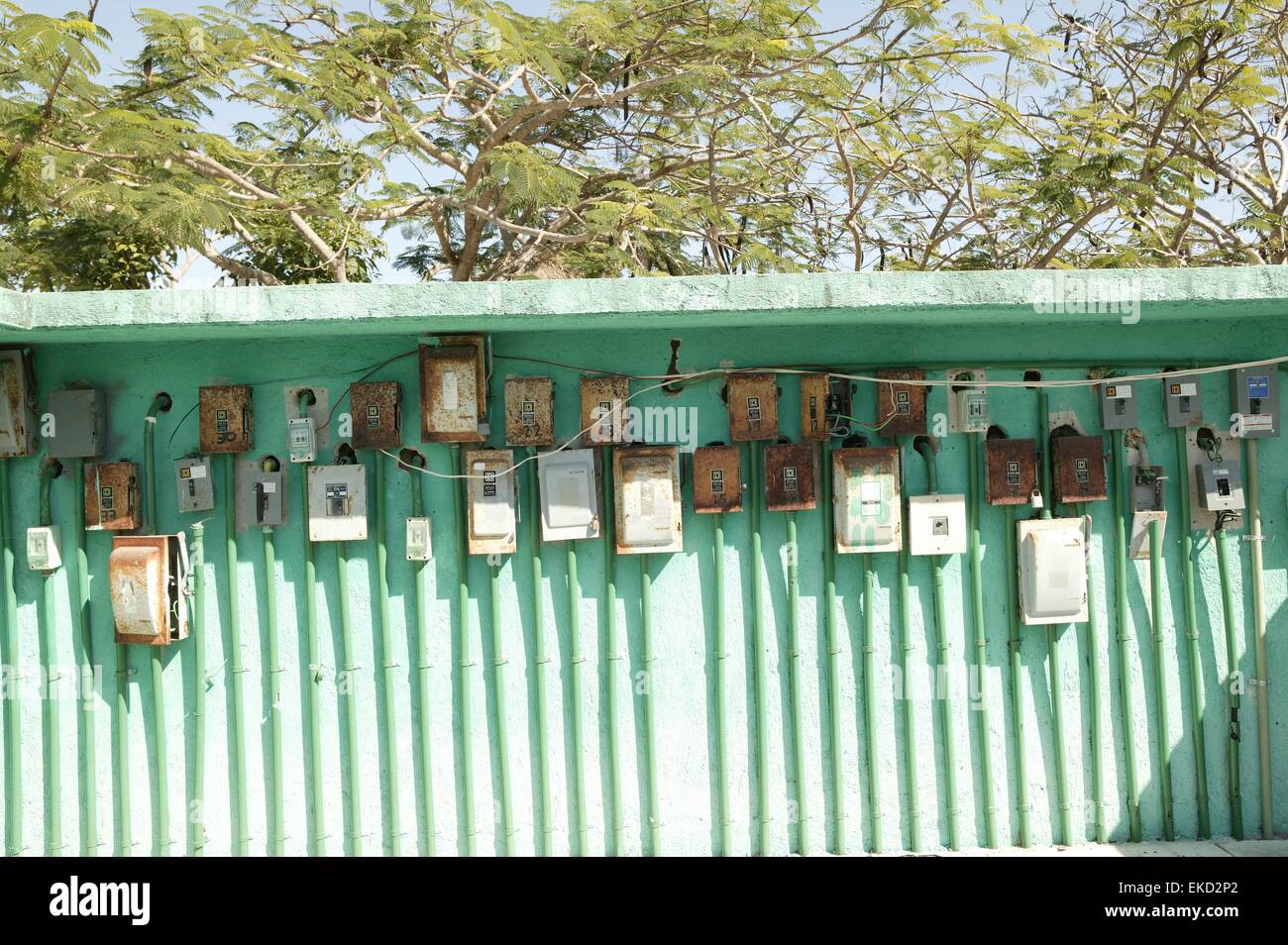 electricity meter wall in mexico outdoor green Stock Photo - Alamy