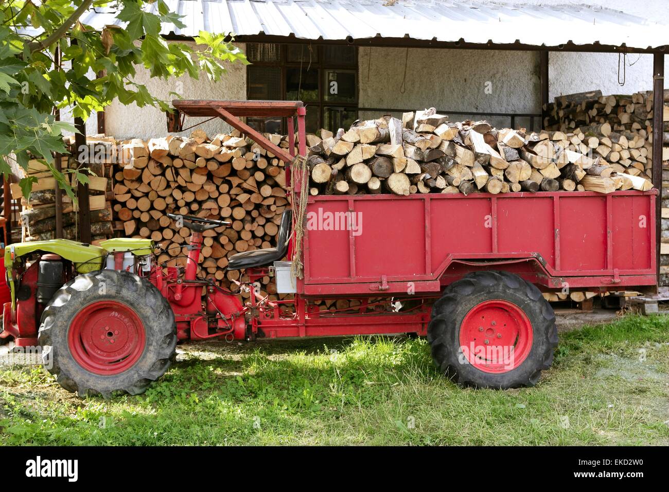 Firewood tractor in red color with stacked wood Stock Photo - Alamy