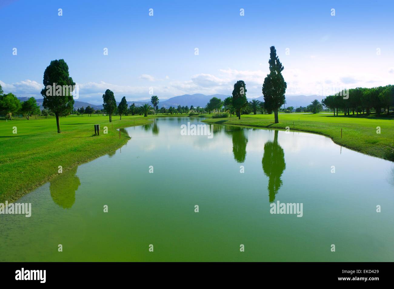 Golf course green grass field lake reflection Stock Photo - Alamy