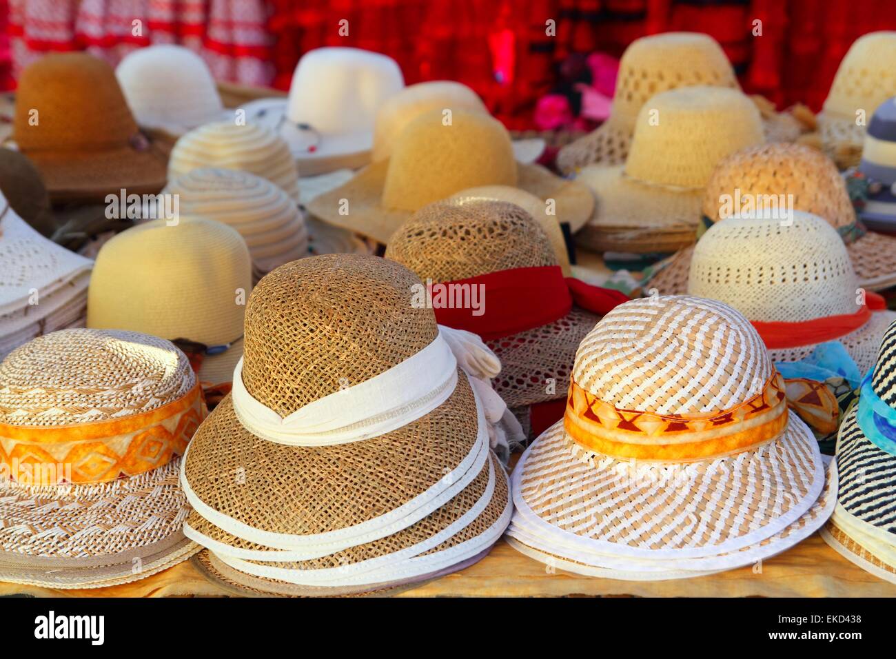 Hats arrangement on market hand craft shop Stock Photo - Alamy