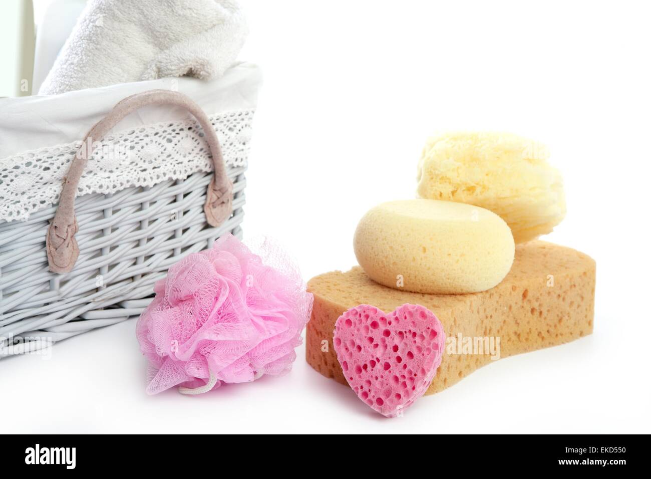 Toiletries stuff sponge gel shampoo towels Stock Photo - Alamy
