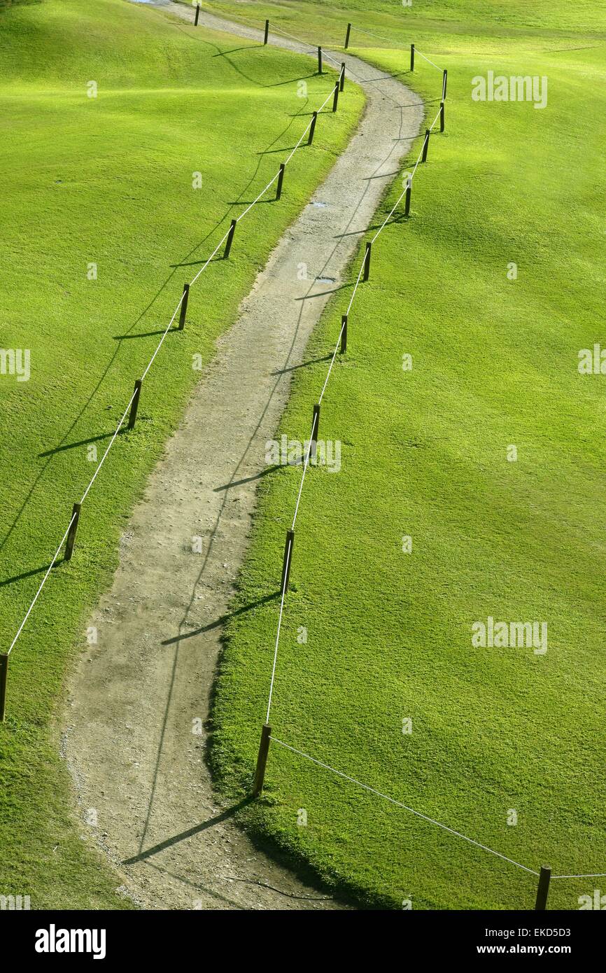 Green grass field meadow with winding road Stock Photo - Alamy