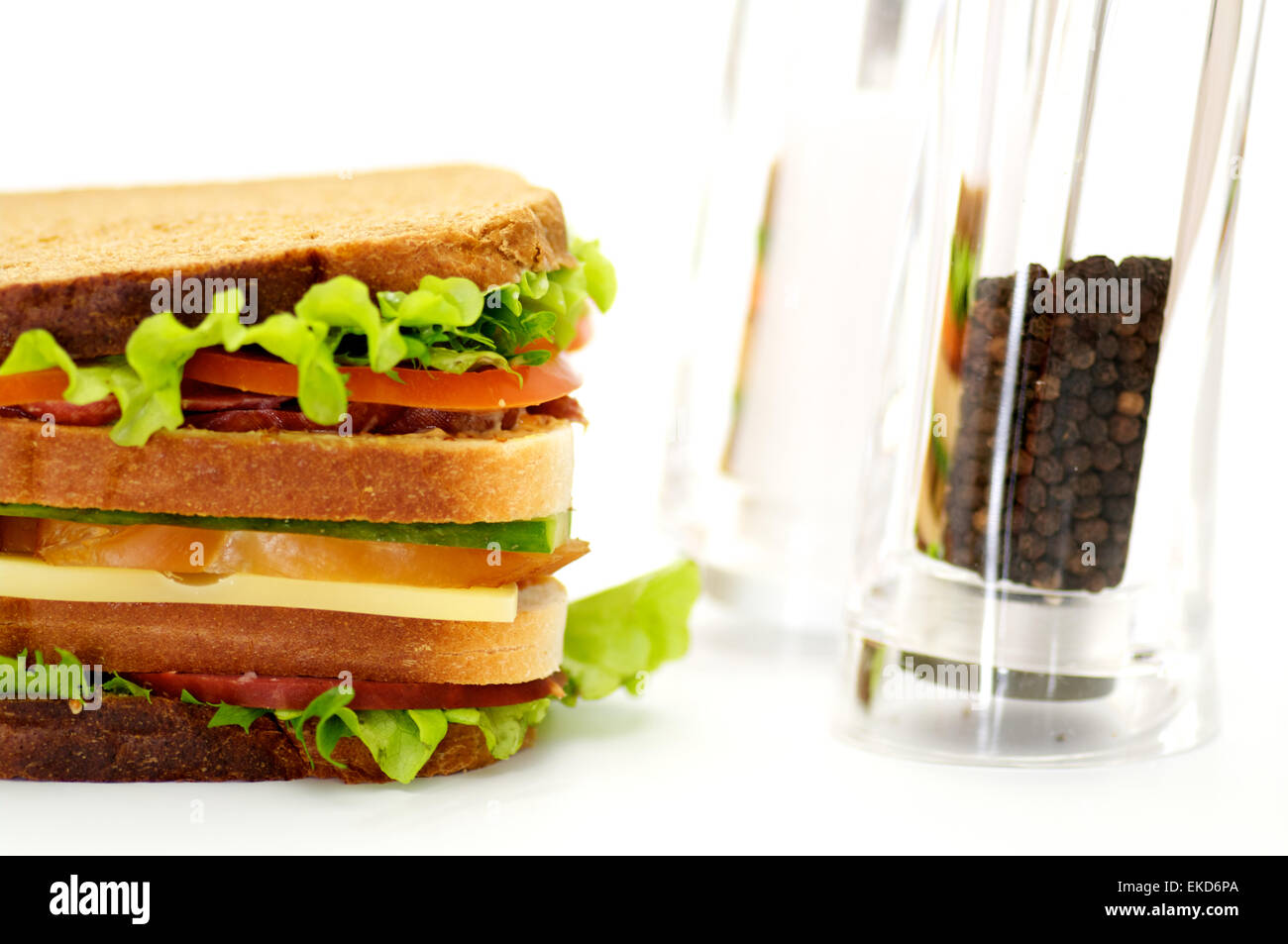 Classical BLT Club Sandwich with Saltcellar and pepperbox Stock Photo ...