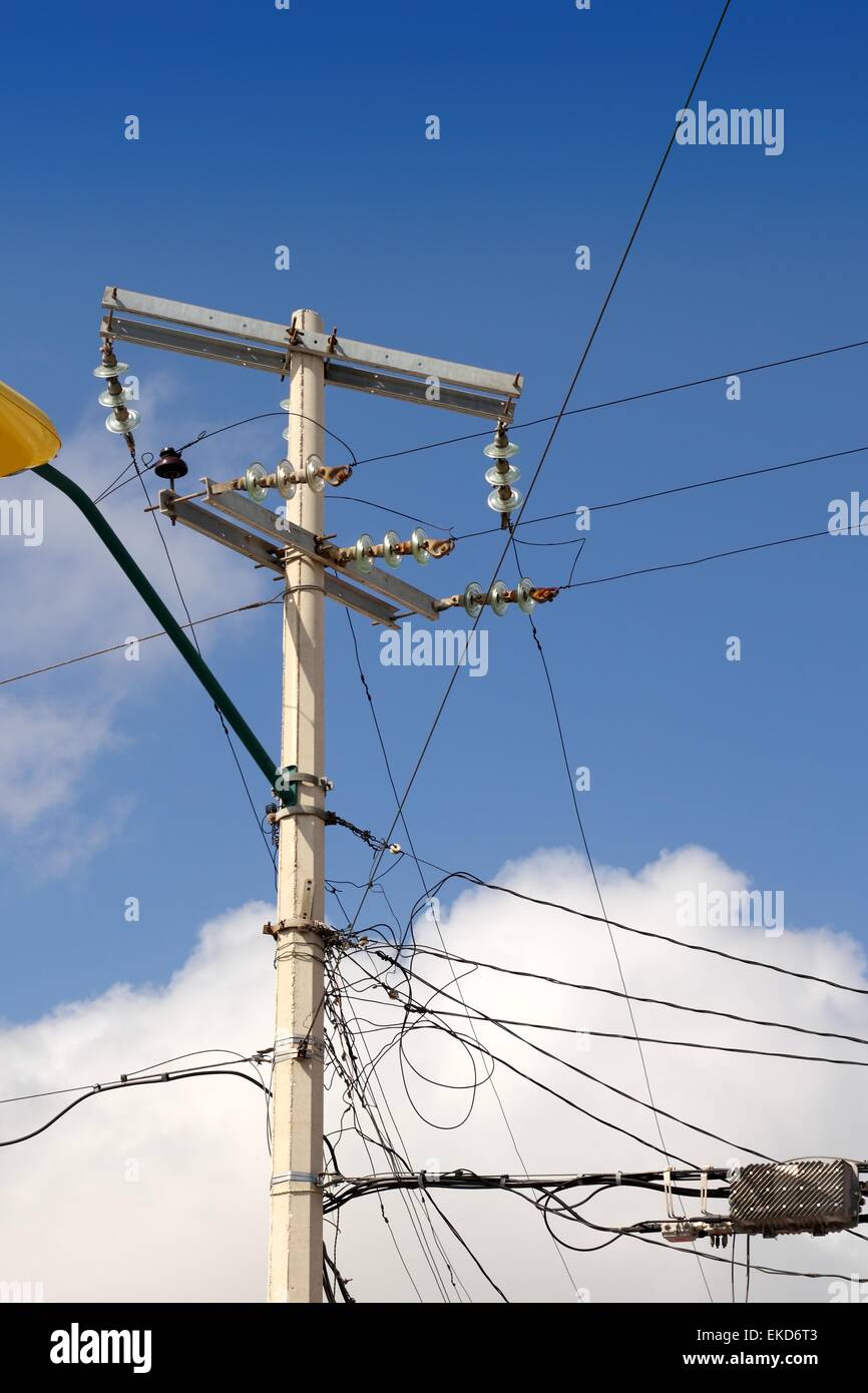 electric tower messy electrical wiring installation Stock Photo - Alamy
