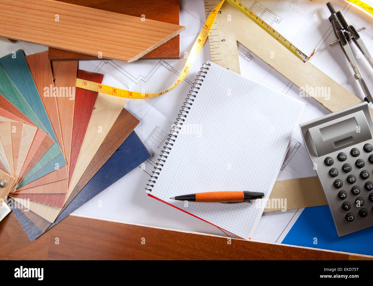 Architect desk designer workplace spiral notebook Stock Photo - Alamy