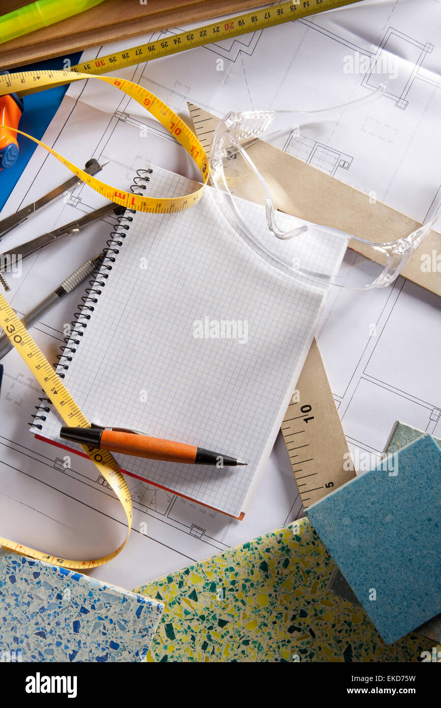 Architect desk designer workplace spiral notebook Stock Photo - Alamy