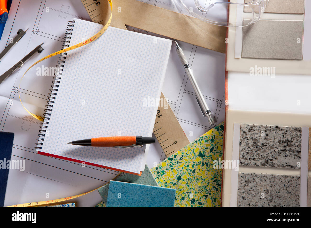 Architect desk designer workplace spiral notebook Stock Photo - Alamy