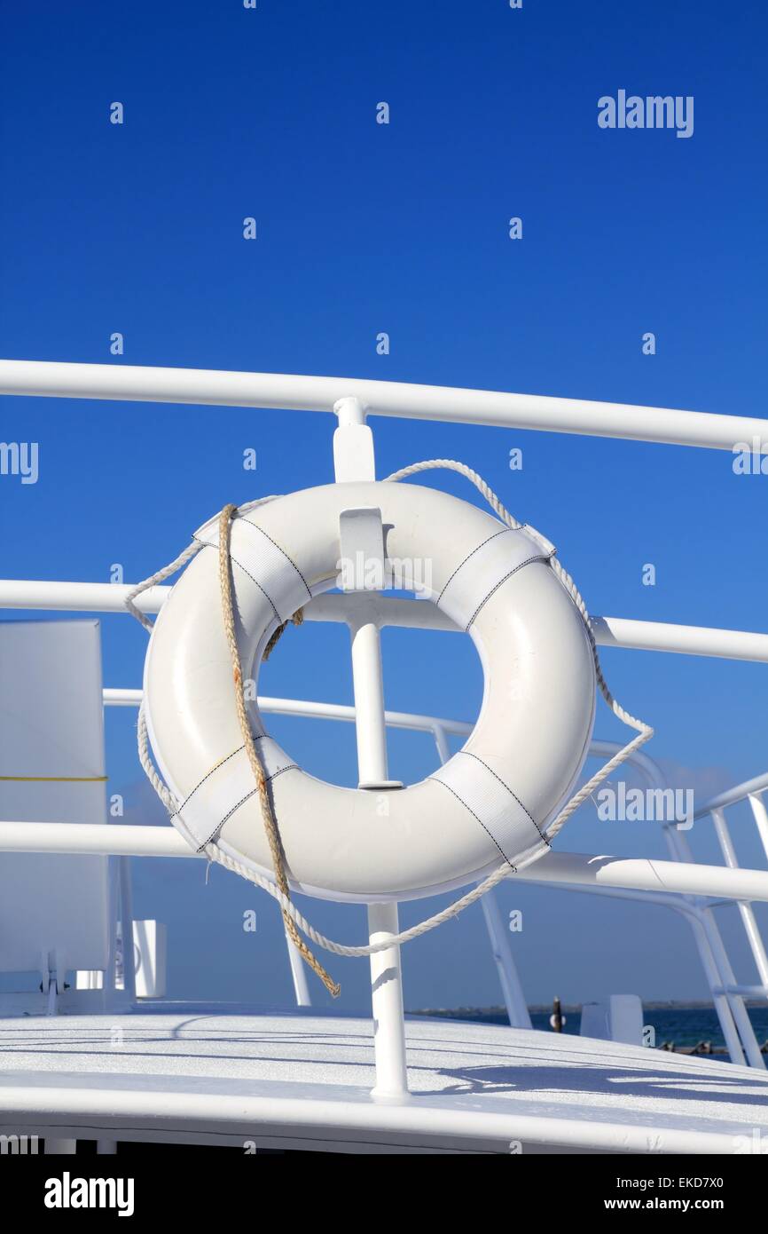 boat buoy white hanged in railing summer blue sky Stock Photo - Alamy