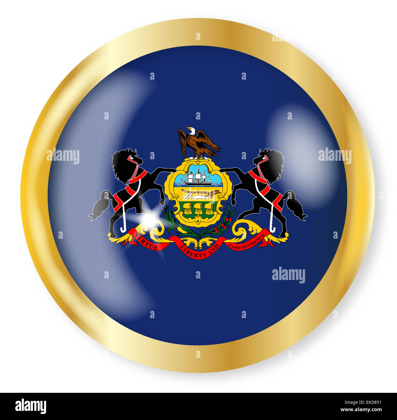 Pennsylvania state flag button with a gold metal circular border over a ...