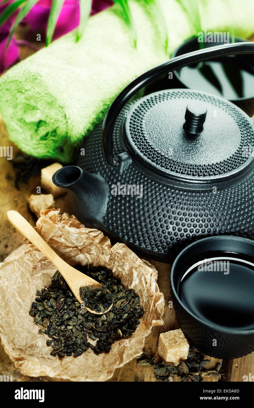 asian tea set and spa settings Stock Photo - Alamy