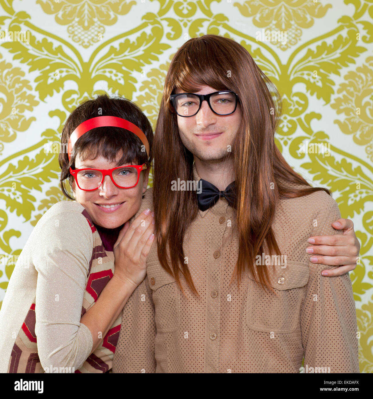 Funny humor nerd couple on vintage wallpaper Stock Photo - Alamy