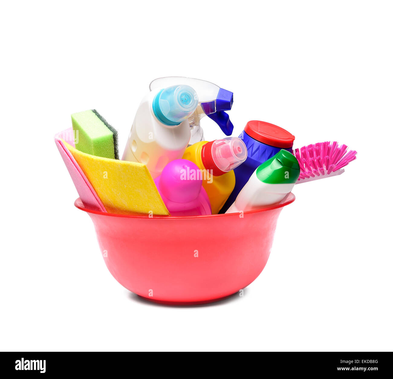 Red bowl with detergent bottles and chemical cleaning supplies on white ...