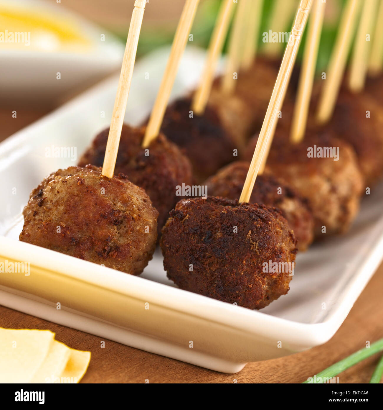 Meatball appetizers with toothpicks (Selective Focus, Focus on the ...
