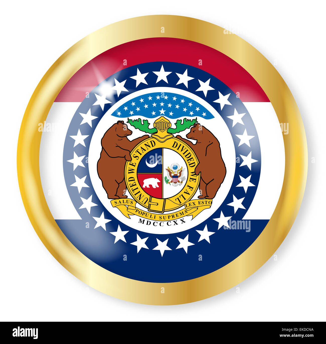 Missouri state flag button with a gold metal circular border over a ...