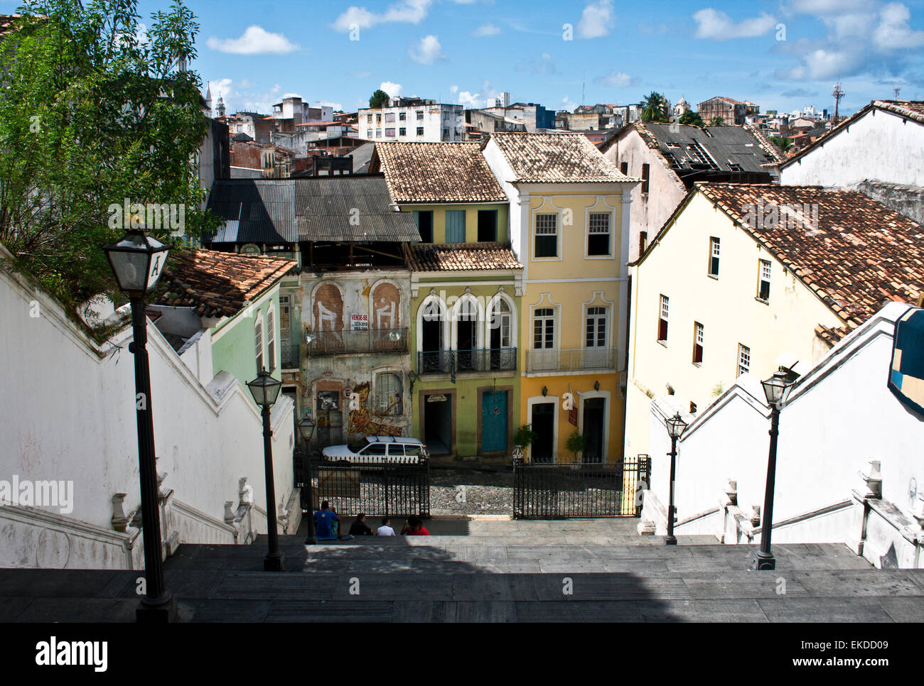 Salvador de Bahia, Brazil, Street scene with steep stone stairs ...