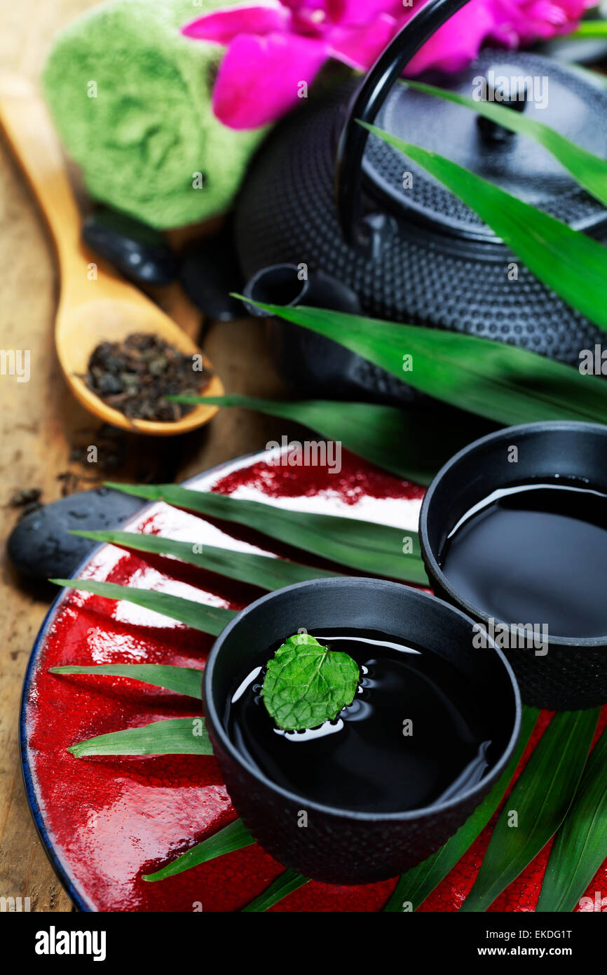 asian tea set and spa settings Stock Photo - Alamy