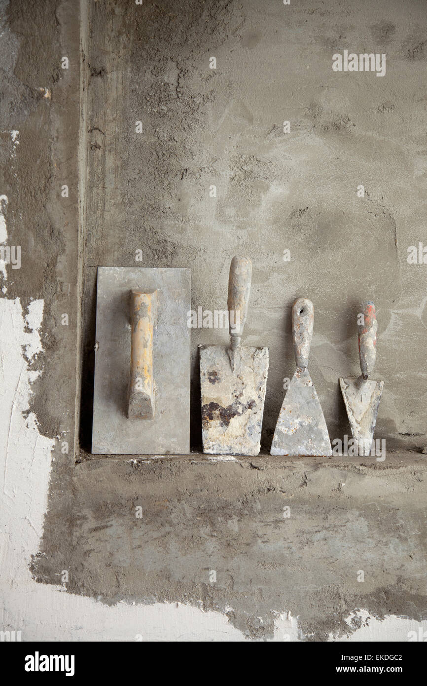 aged construction cement mortar used tools Stock Photo - Alamy