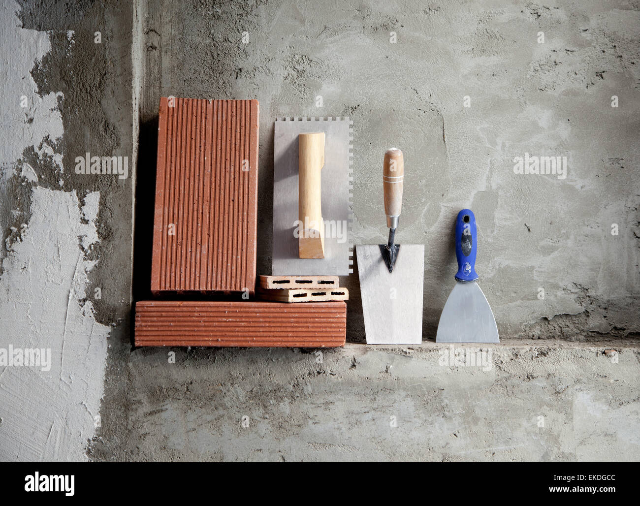construction stainless steel trowel tools and bricks Stock Photo - Alamy