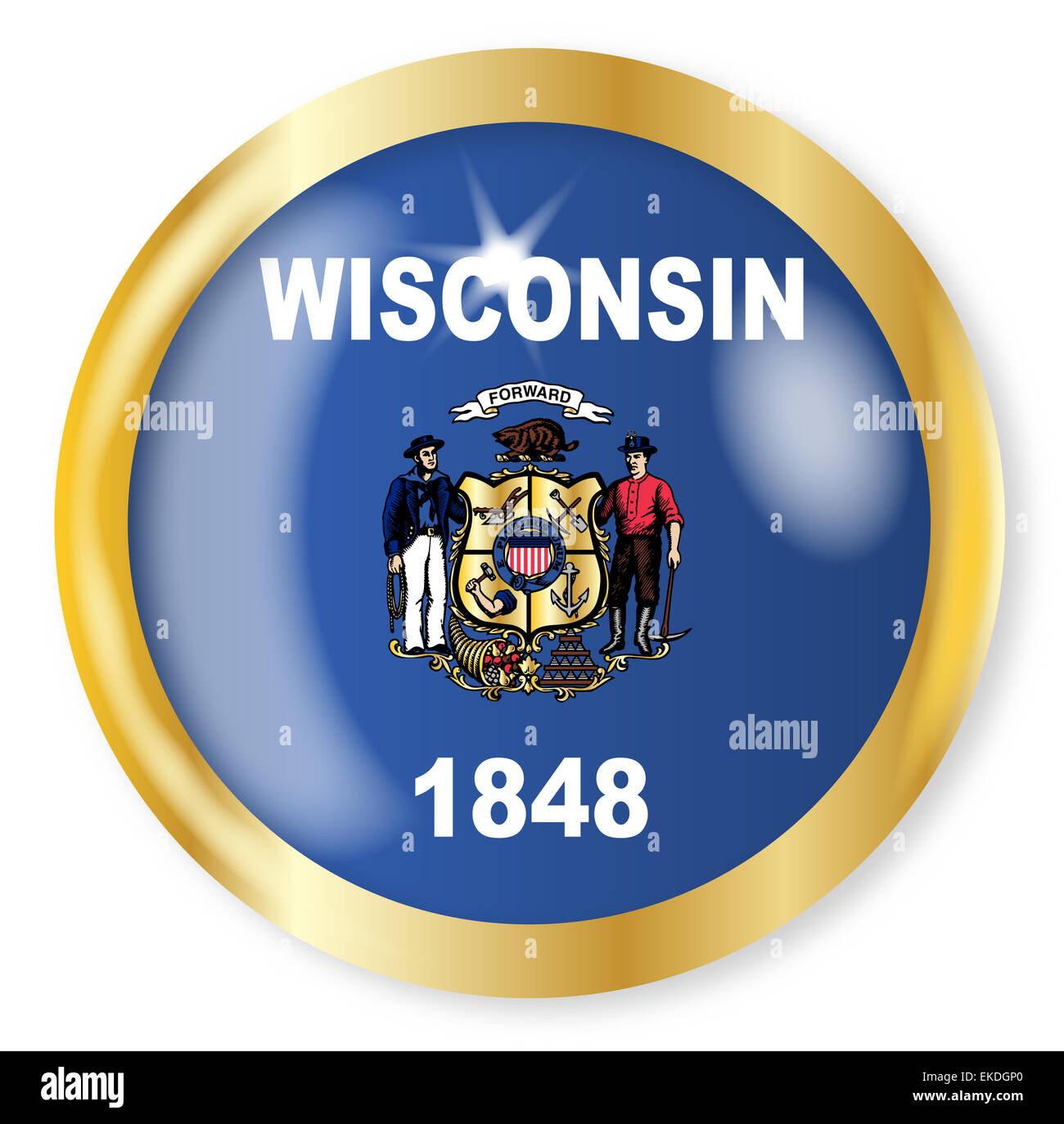 Wisconsin state flag button with a gold metal circular border over a ...