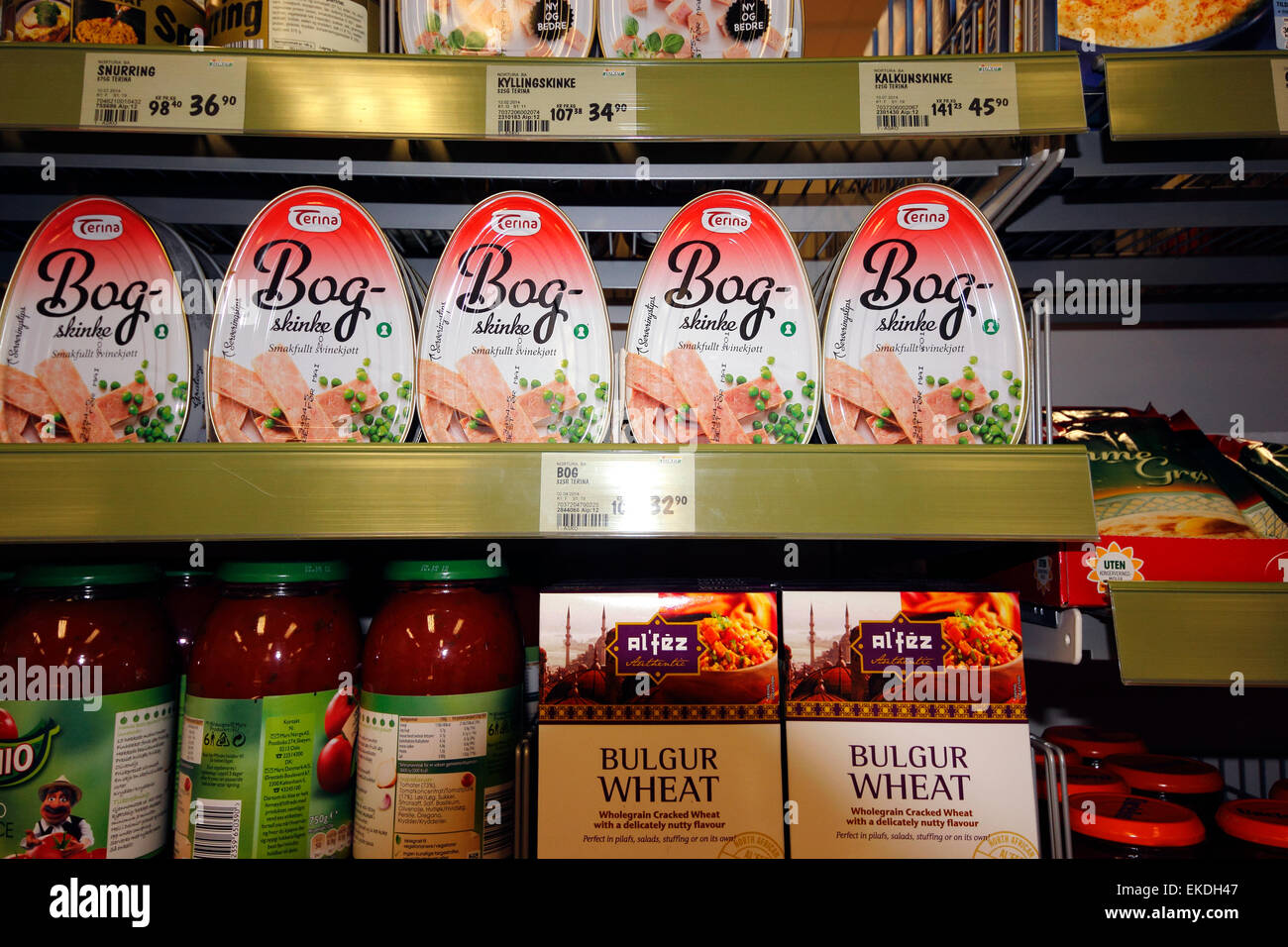 Food items on a supermarket shelf in Kirkenes, Finnmark, Norway ...
